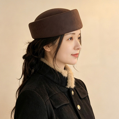 高级感澳洲羊毛呢毡帽女法式街头复古空姐帽秋冬文艺药盒帽贝雷帽