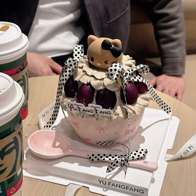 2026圣诞节新年黑皮kt猫车厘子碗蛋糕装饰Hellokitty樱桃碗抱抱碗
