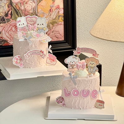520情人节蛋糕装饰LOVE情侣线条小狗小兔插牌波点蝴蝶结蜡烛装扮