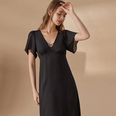 影心居家服梧桐本色V领短袖长裙镂空V领三角露背清凉舒适WJ24155