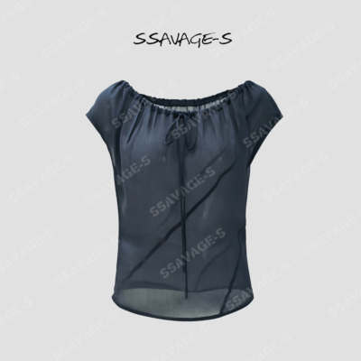 SSAVAGE天丝烟灰色透视斜领上衣