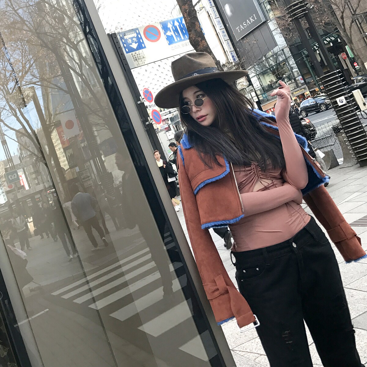 CAN春季新款 英伦风百搭出街毛领修身毛呢皮毛一体短外套女