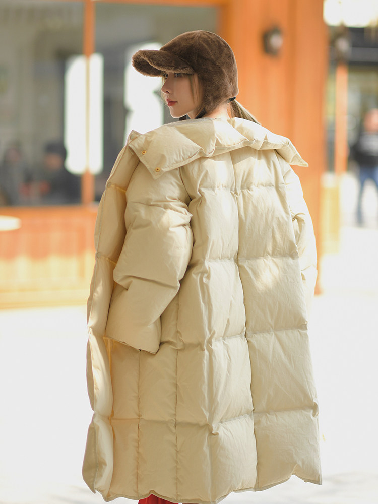 CAN冬季新品 中长款羽绒服女时尚经典格纹元素加厚面包服外套