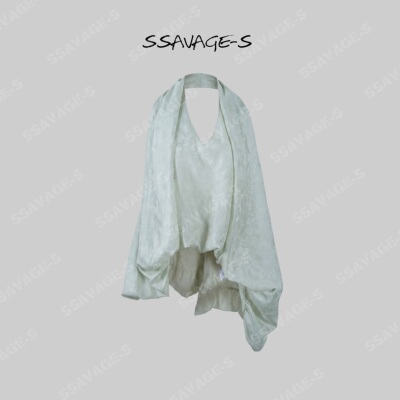 SSAVAGE女装“青蛇”天丝清冷感淡绿提花挂脖上衣