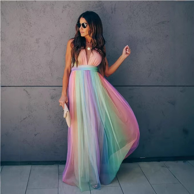 度假风纱裙连衣裙女 Resort High Waist Color Tulle Dress Women