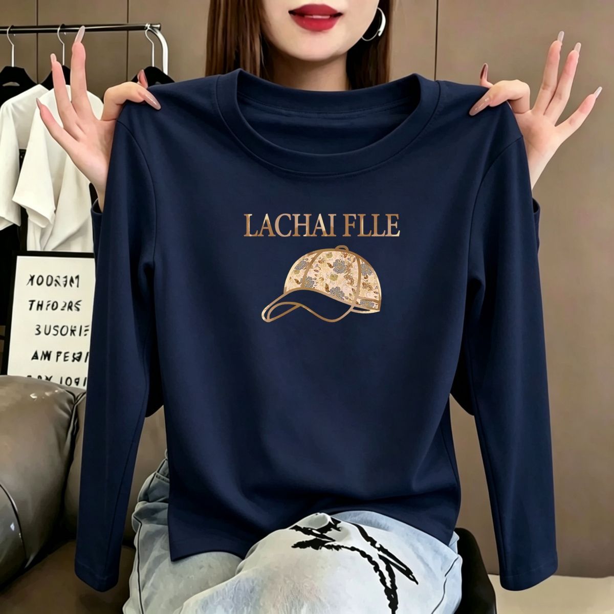 纯棉长袖t恤女小众设计感秋冬时尚洋气宽松薄款打底圆领上衣ins潮
