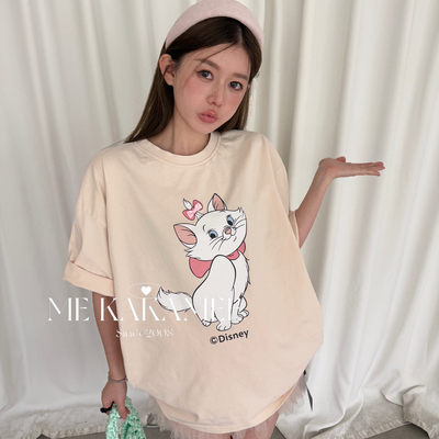 ME KAKAMEE-春新品卡通玛丽猫喷画立体蝴蝶结水洗做旧宽松大S3935