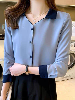hiffon Long lee翻领v领蓝色拼色商务时尚知性长袖衬衫