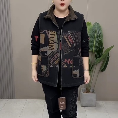 立领拼色牛仔羊羔毛马甲外套马夹