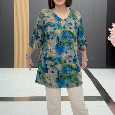 休闲V领半袖醋酸中长款大花衫