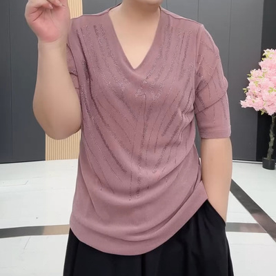 夏季V领烫钻半袖蕾丝T恤小衫