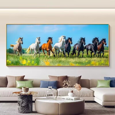 新款八骏图挂画客厅沙发背景墙装饰画马到成功办公室横版大幅壁画