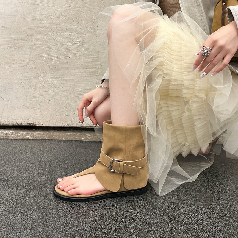 ZHR则则罗马凉鞋女2026夏季新款短靴夹趾凉靴堆堆裤管靴平底凉鞋