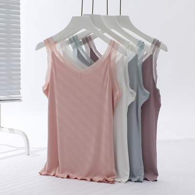 蕾丝V领木耳边背心宽松背心