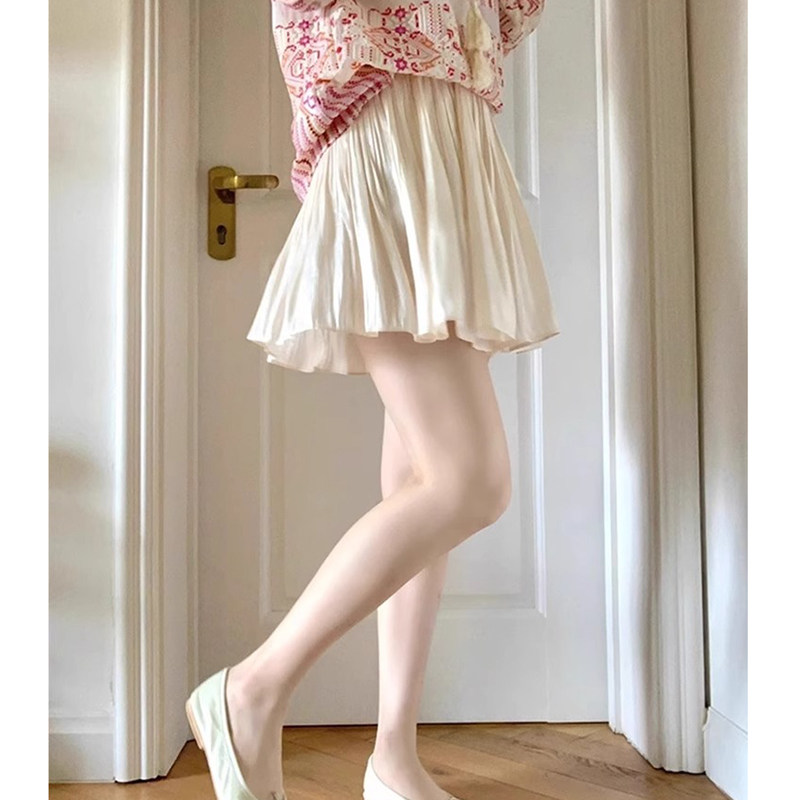 日系春夏高腰小香风奶白色百褶短裙女显瘦垂感珠光裤裙仙女半身裙