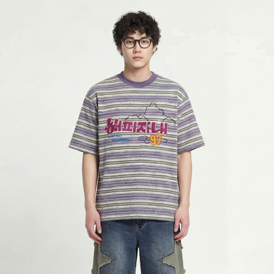 一片乌云条纹刺绣宽松短袖T恤