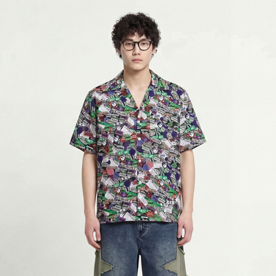 贴上标签宽松古巴领短袖衬衫BF