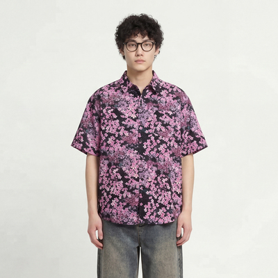 黑粉撞色宽松个性短袖衬衫男女