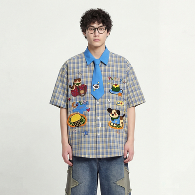 为自己着迷刺绣领带短袖衬衫