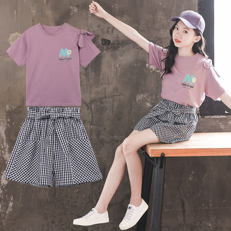 女童夏装套装2025新款洋气网红夏季中大童运动短袖格子短裤两件套_虎窝淘