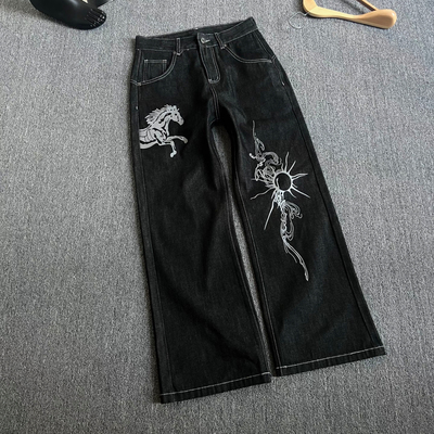 美式vibe风复古赤马刺绣原牛仔裤