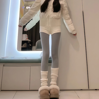 灰色紧身打底裤女外穿冬季加绒加厚秋裤小个子高腰保暖连脚棉裤袜