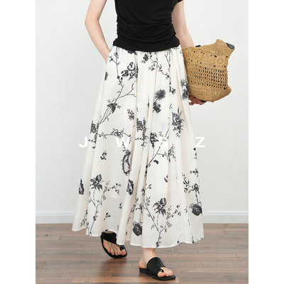 JWSZ新中式水墨画植物印花米白色大裙摆A字半身裙