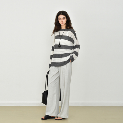 JWSZ 早秋慵懒 亚麻条纹撞色针织衫镂空宽松长袖上衣