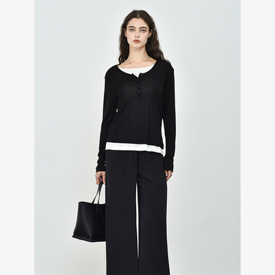 JWSZ 假两件长袖t恤女设计感感拼色高级打底衫上衣