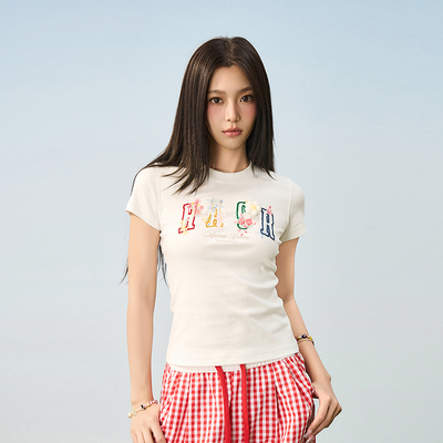 HACR 童趣手绘立体毛线小花宽松圆领短袖T恤男女