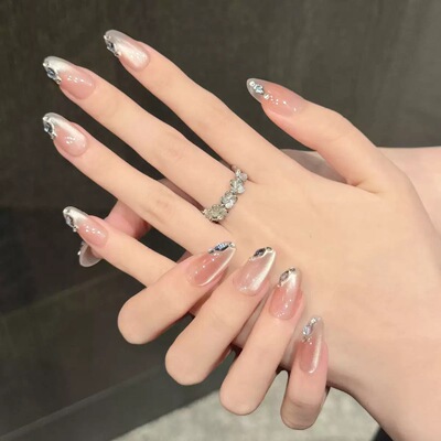 Gentle Nude Pink Silver Cat Eye French Bling False Nails