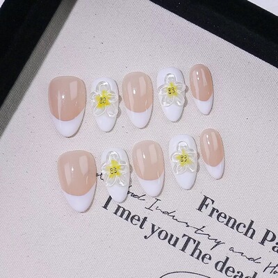 3D Yellow Flower French Tip Press On Nails