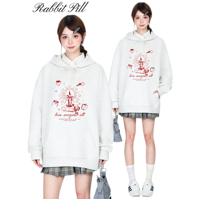兔丸秋冬季加绒红烛印花卫衣女生款连帽长袖休闲上衣oversize外套