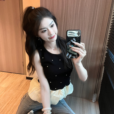 法式高级感重工钉钻无袖针织衫女夏绝美小衫荷叶边拼接小香风上衣