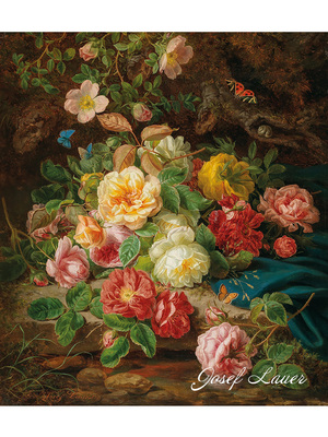 森林里的玫瑰和蝴蝶静物花卉油画