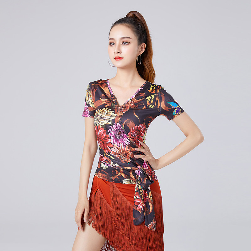 国标舞服新款摩登舞上衣拉丁舞上装交谊舞衣跳舞练功舞蹈服女短袖