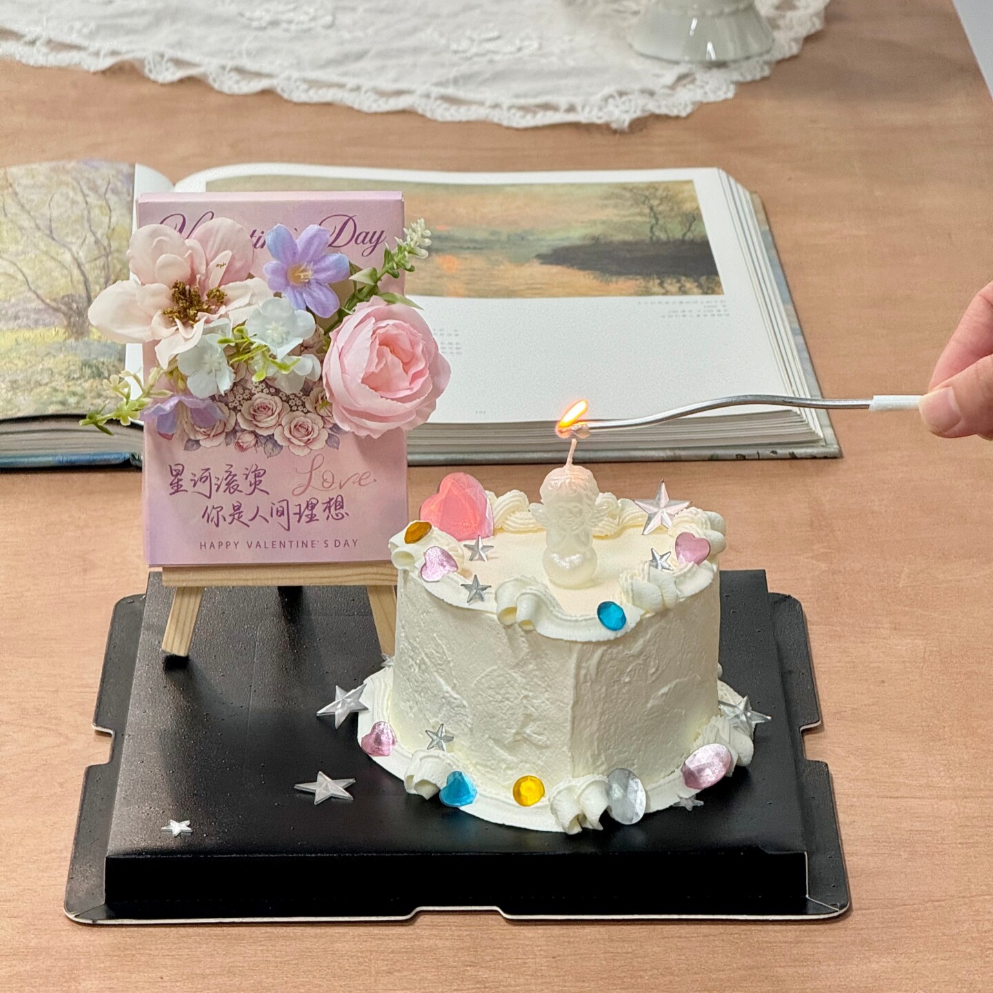网红七夕情人节蛋糕装饰花架花盒丘比特蜡烛插件钻石宝石配件摆件