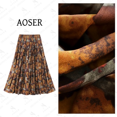 AOSER休闲慵懒风时尚印花高腰百搭拼接A字大摆半身长裙2742