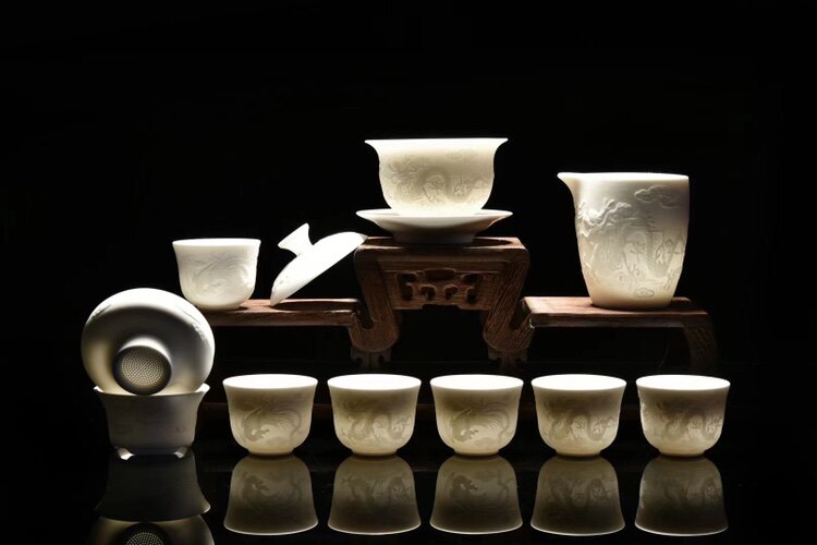 羊脂玉功夫茶具套装龙凤浮雕盖碗茶杯轻奢素烧送礼办公室家用礼盒