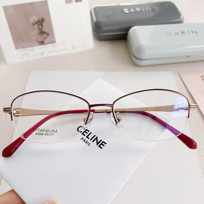 95059女纯钛半框眼镜经典窄版近视眼镜舒适轻巧斯文酒红色显气质