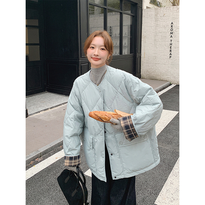 蓝色休闲菱格羽绒棉服女冬季