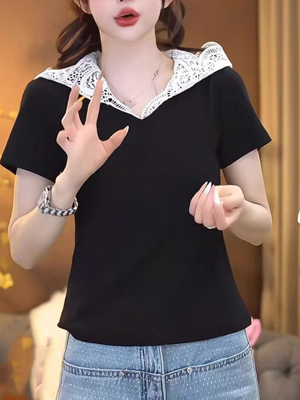 时尚蕾丝拼接连帽上衣女夏2025新款减龄V领短袖T恤修身内搭小衫