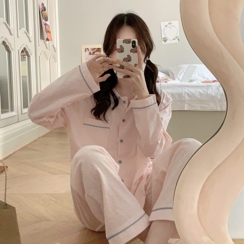 可爱娃娃领云朵棉睡衣女春秋开衫长袖长裤甜美公主风家居服套装