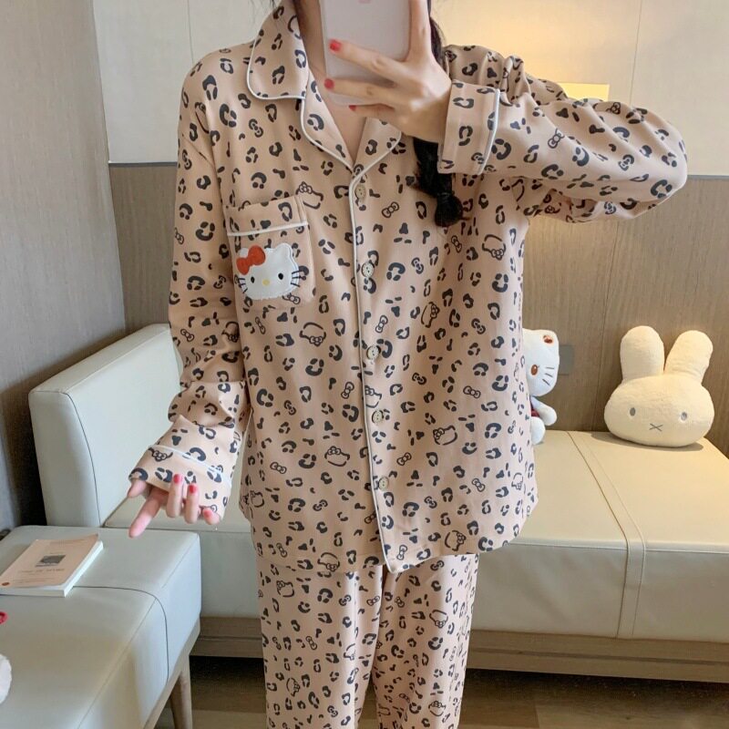 甜美豹纹KT纯棉睡衣女春秋开衫长袖长裤高级感可外穿家居服套装