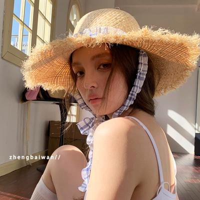 大帽檐拉菲草帽毛边沙滩拍照