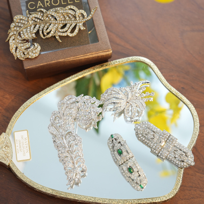 vintage carolee羽毛kjl铭心白钻胸针coro古董1930年代双夹皮草夹