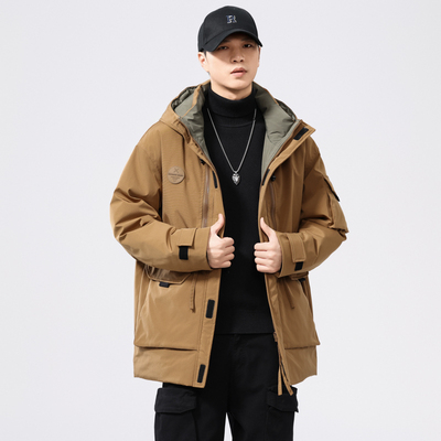 美式休闲中长款连帽羽绒服男