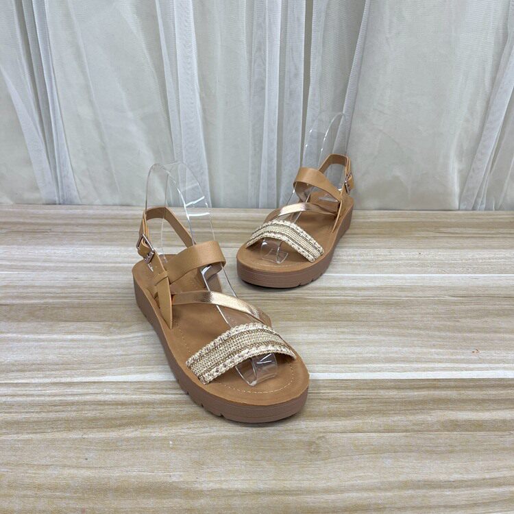 外贸原单shoes女鞋时尚圆头拼色编织类一字扣厚底凉鞋罗马凉鞋