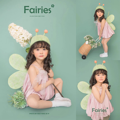 新品影楼儿童摄影小精灵周岁主题女童羊毛毡帽子可爱翅膀套装道具