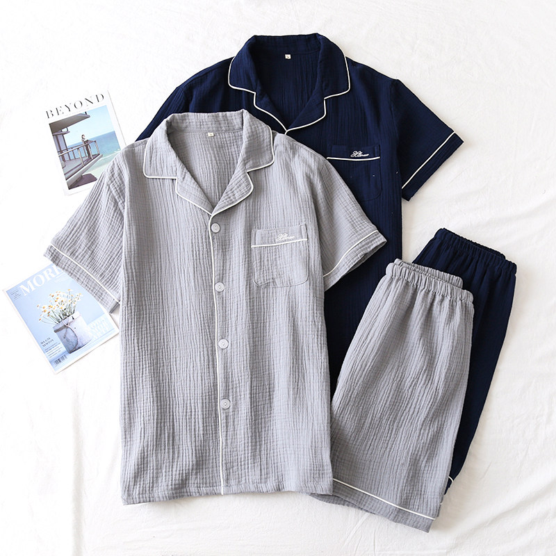 睡衣男夏季纯棉双层纱布短袖短裤薄款日系无印水洗绉布家居服套装